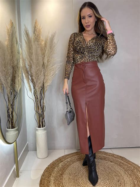 Body tule manga longa decote trançado animal print Lavinny Store