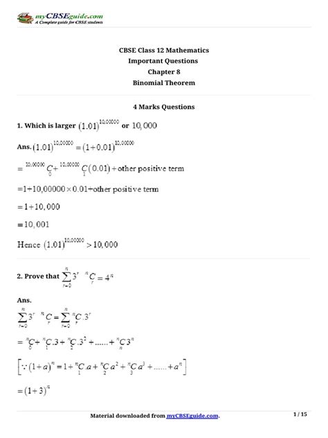 cbse class 12 mathematics important questions binomial theorem pdf complex analysis