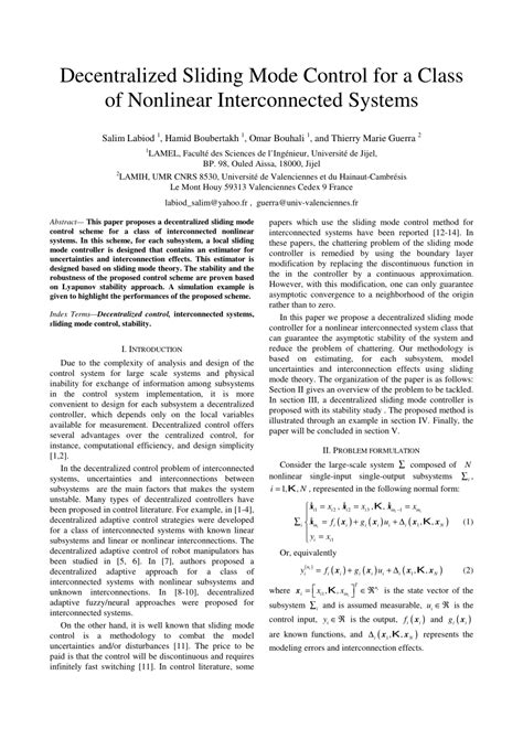 pdf decentralized sliding mode control for a class of nonlinear interconnected systems