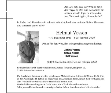 Traueranzeigen Von Helmut Vossen Aachen Gedenkt