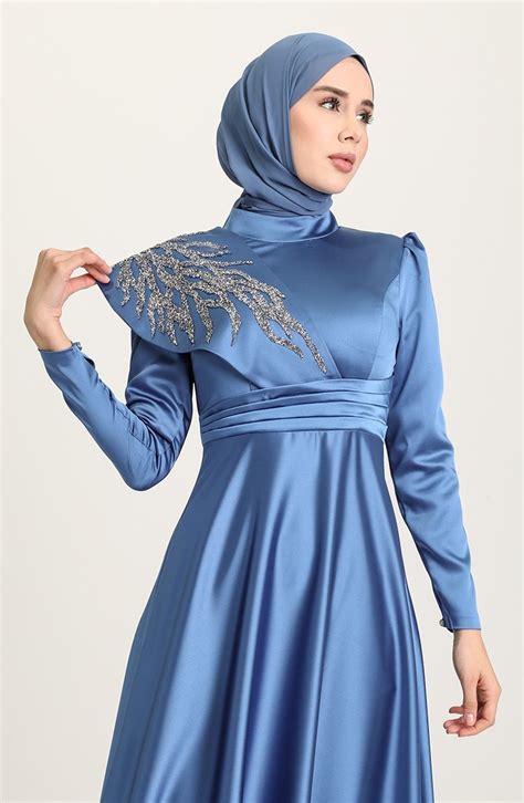 Taşlı Saten Abiye Elbise 4910 08 İndigo Sefamerve