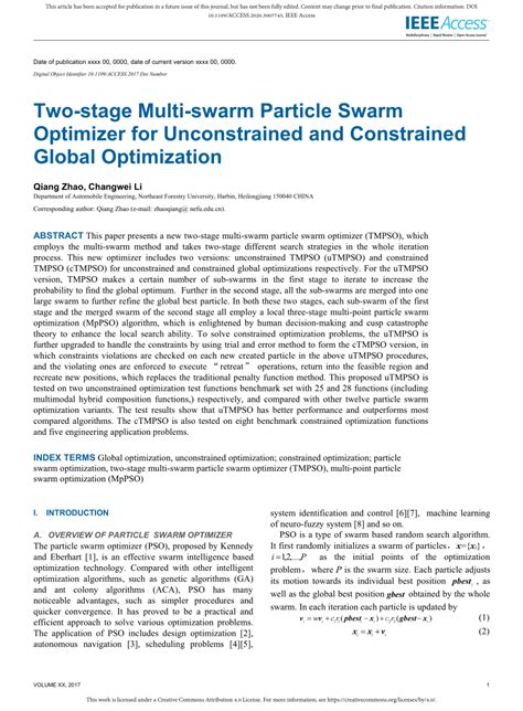 pdf two stage multi swarm particle swarm optimizer for unconstrained and constrained global