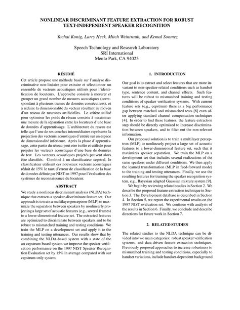 pdf nonlinear discriminant feature extraction for robust text independent speaker recognition