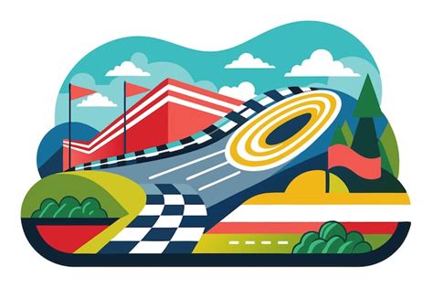 Abstract Race Track Landscape With Checkered Finish Line And Flags