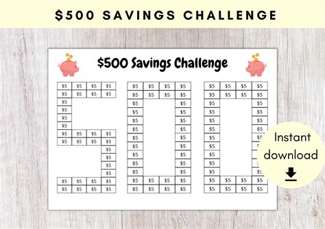 500 Dollar Savings Challenge 5 Dollar Bill Savings Printable Savings