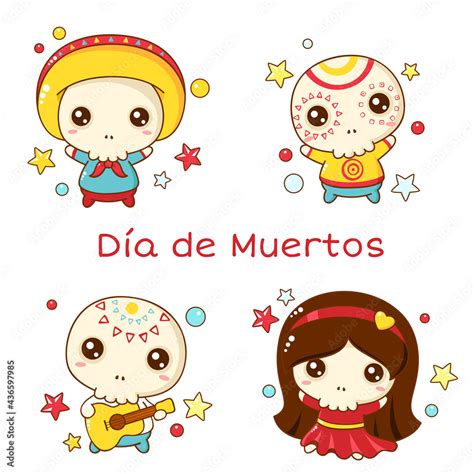 Dia De Muertos Set Of Kawaii Characters Stock Vector Adobe Stock