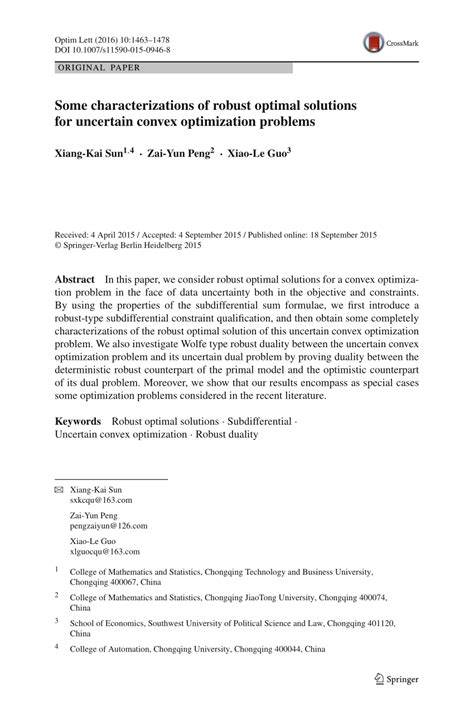 pdf some characterizations of robust optimal solutions for uncertain convex optimization problems