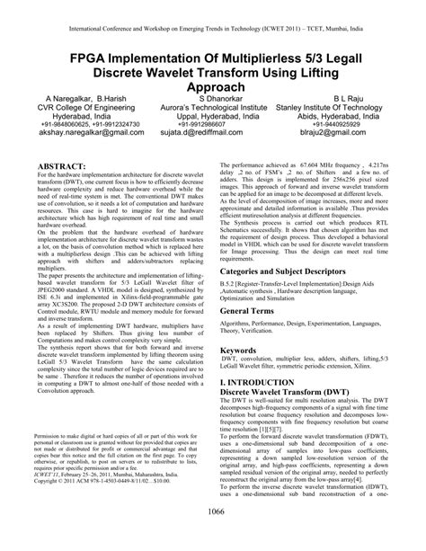 pdf fpga implementation of multiplierless 5 3 legall discrete wavelet
