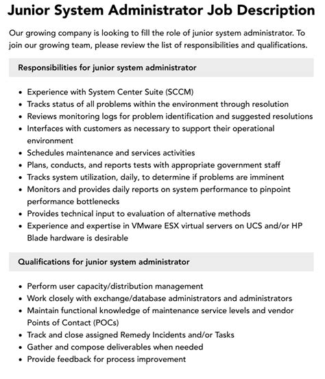Junior System Administrator Job Description Velvet Jobs