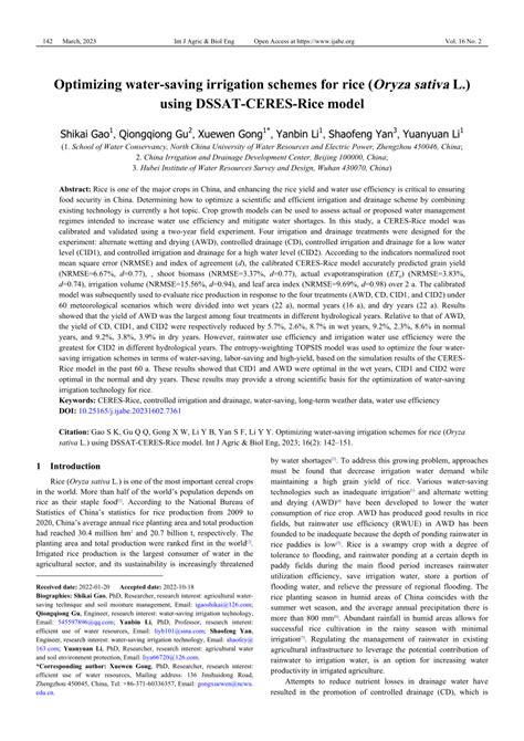 pdf optimizing water saving irrigation schemes for rice oryza sativa l using dssat ceres