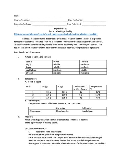 Experiment Factors Affecting Solubility Pdf Solubility
