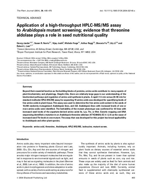 pdf application of a high throughput hplc ms ms assay to arabidopsis mutant screening