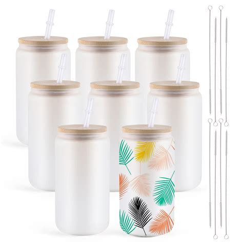 Buy HTVRONTSublimation Glass Blanks With Bamboo Lid 16oz Frosted