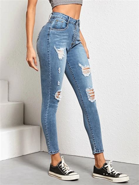 Jeans Ajustados Rotos Con Bolsillo Oblicuo En 2022 Pantalones Rotos