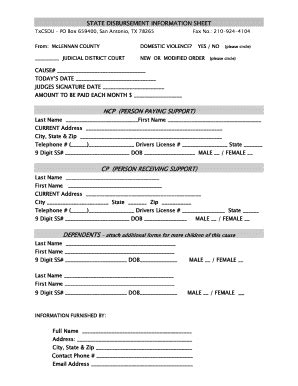 Fillable Online State Disbursement Information Sheet Mclennan County