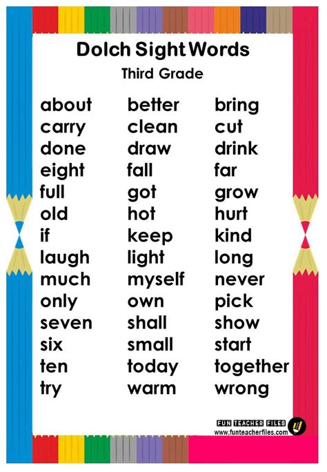 Free Dolch Sight Words List Printables