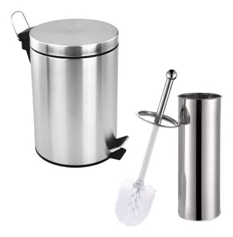 Kit Lixeira 5 Litros Escova Sanitária Para Banheiro Inox Cor Prateado