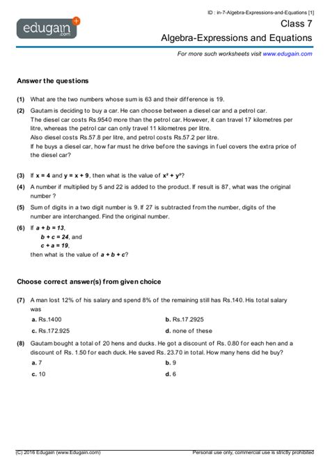 Grade 6 Expressions And Equations Worksheets