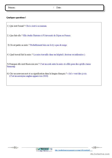 Email compréhension générale de l Français FLE fiches pedagogiques