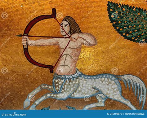 A Decorated Wall With Mythical Characters Centaur Holding Bow And