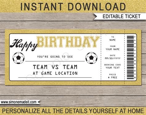 Soccer Match Ticket Birthday Gift Voucher Printable Football Ticket