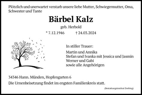 Traueranzeigen von Bärbel Kalz Trauer HNA de
