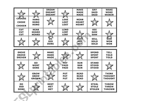 English Worksheets Irregular Verbs Bingo 1