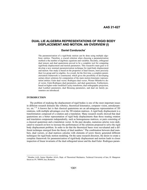 pdf dual lie algebra representations of rigid body displacement and motion an overview i