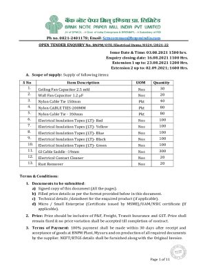 Fillable Online OPEN TENDER ENQUIRY No BNPM OTE Electrical Items