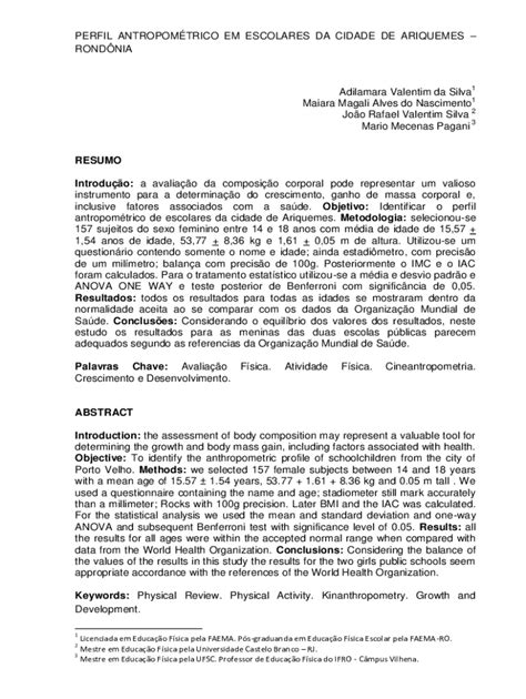 Preenchível Disponível PERFIL ANTROPOMTRICO EM ESCOLARES DA Fax