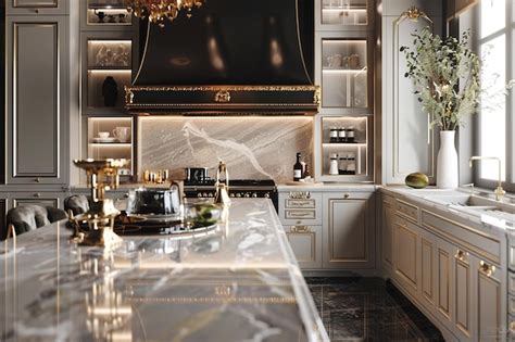 Premium Photo Elegant Kitchen With Marble Countertops And Gold A