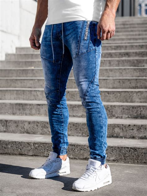 Granatowe spodnie jeansowe joggery męskie Denley E7756