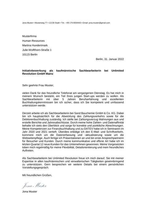 Initiativbewerbung kaufmännische Sachbearbeiterin Muster