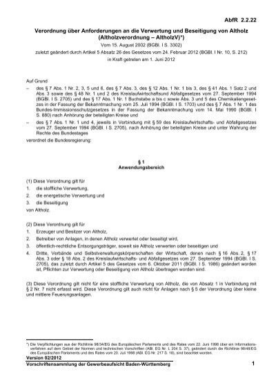 Altholzverordnung AltholzV Gewerbeaufsicht Baden Württemberg