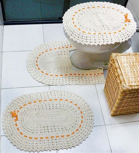 Conjunto Jogo De Banheiro Em Crochê Barbante Fita Laranja R 39 90 em