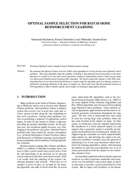 pdf optimal sample selection for batch mode reinforcement learning emmanuel rachelson