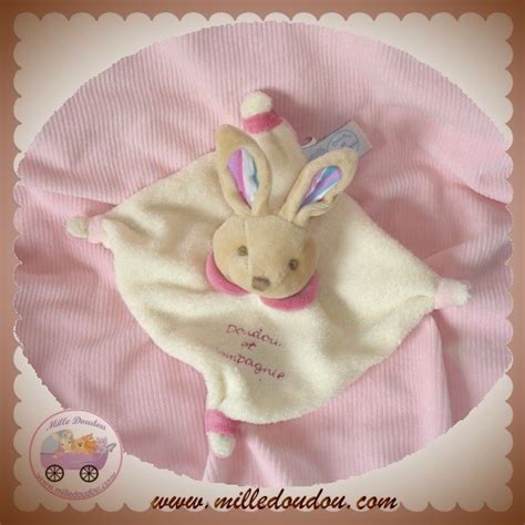 DOUDOU ET COMPAGNIE SOS LAPIN BEIGE PLAT PLUME ECRU COL ROSE