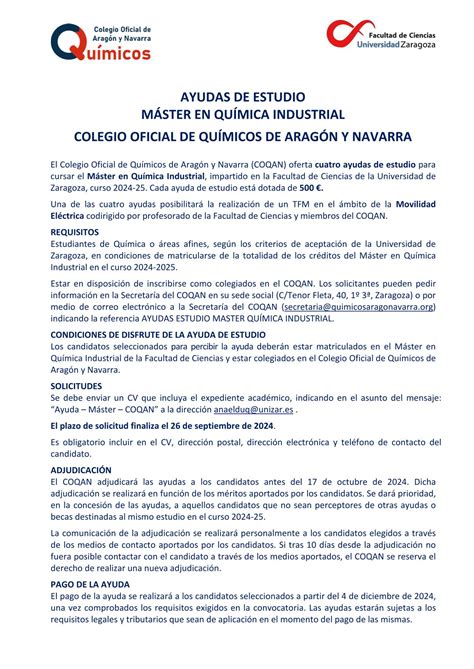 Ayudas de estudio para cursar el Máster en Química Industrial Colegio