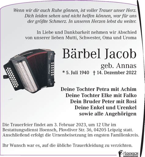 Traueranzeigen von Bärbel Jacob trauer anzeigen de