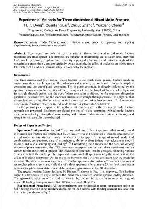 experimental methods for three dimensional mixed mode fracture scientific