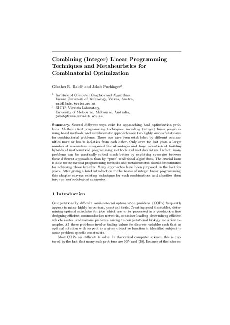 pdf combining integer linear programming techniques and metaheuristics for combinatorial