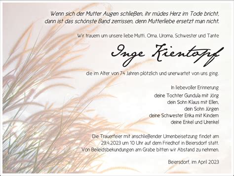 Traueranzeigen von Inge Kientopf Märkische Onlinezeitung Trauerportal
