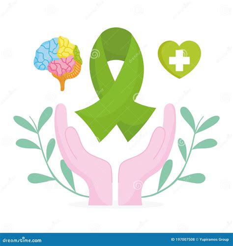 Manos Del Día Mundial De La Salud Mental Lazo Verde Cerebro Y Emblema
