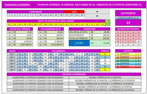 Planilha Lotofácil 19 dezenas em 6 linhas de 16 números Lotocerta