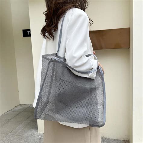Kup Trendy New Mesh Hollow Out Tote Bag Cukierkowe torby plażowe