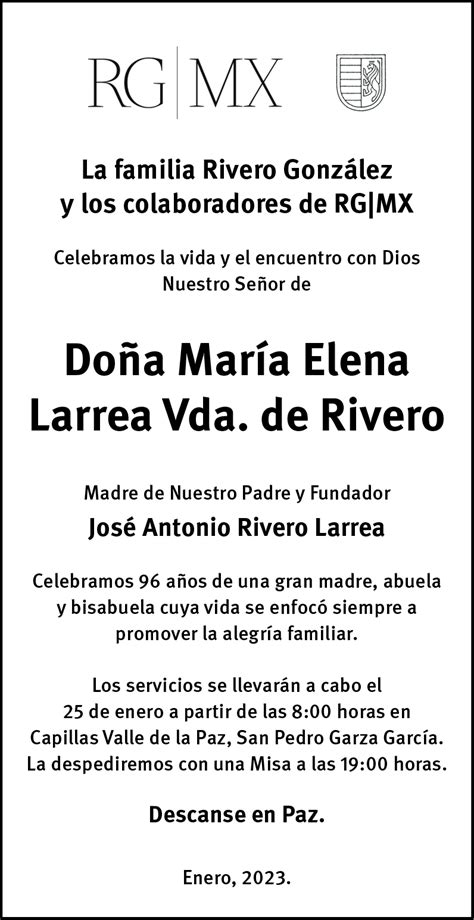 Sra Mar A Elena Larrea Viuda De Rivero Obituario Esquela