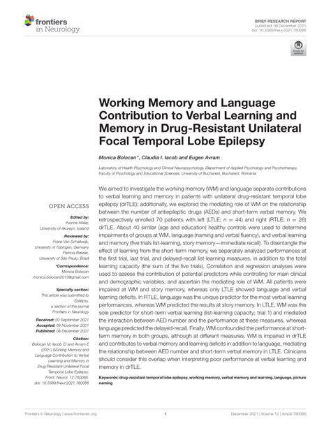 pdf working memory and language contribution to verbal learning and memory in drug resistant