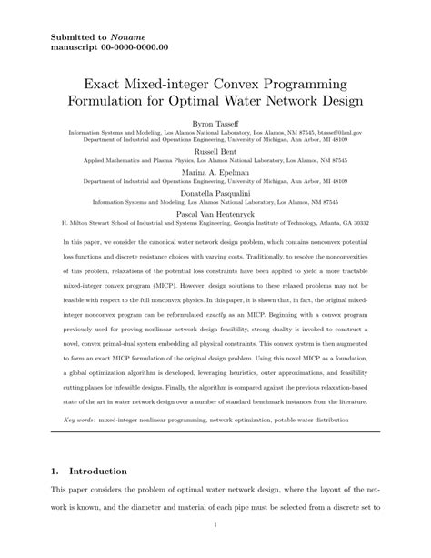 pdf exact mixed integer convex programming formulation for optimal water network design