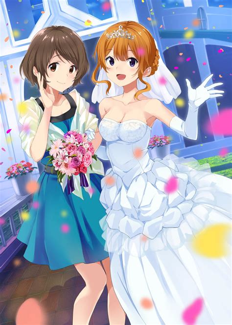Safebooru 2girls D Absurdres Bangs Blue Dress Blue Eyes Bouquet Braid Breasts Bridal Veil
