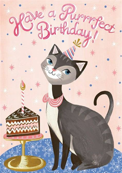 A Birthday Card With A Cat Sitting Next To A Cake